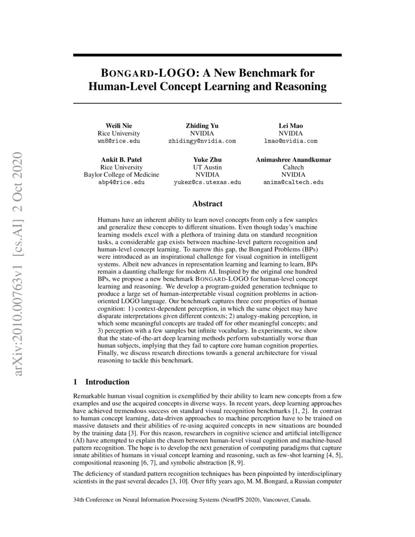Bongard-LOGO: A New Benchmark for Human-Level Concept Learning and Reasoning | DeepAI