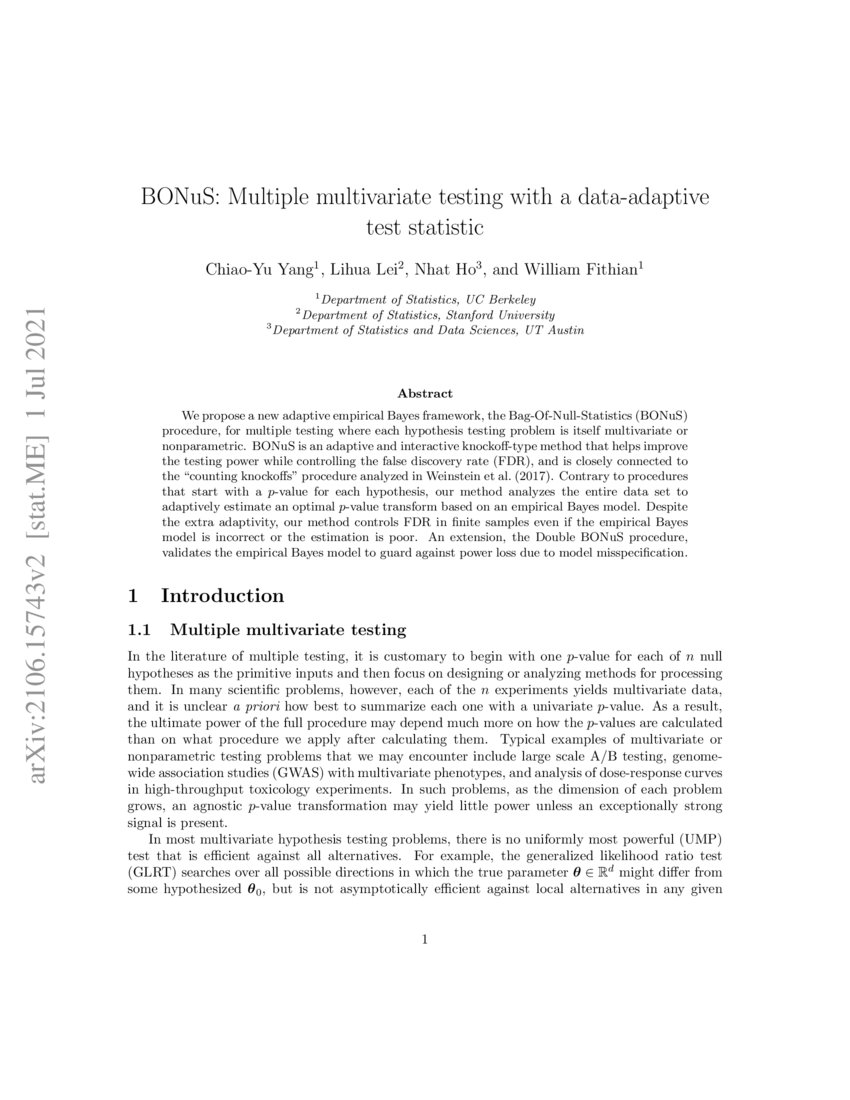 BONuS: Multiple multivariate testing with a data-adaptivetest statistic ...