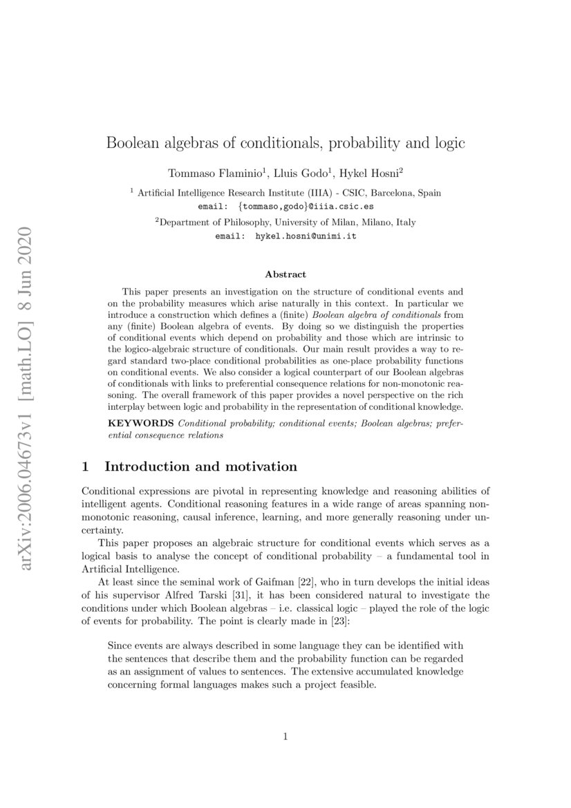 Boolean algebras of conditionals, probability and logic | DeepAI