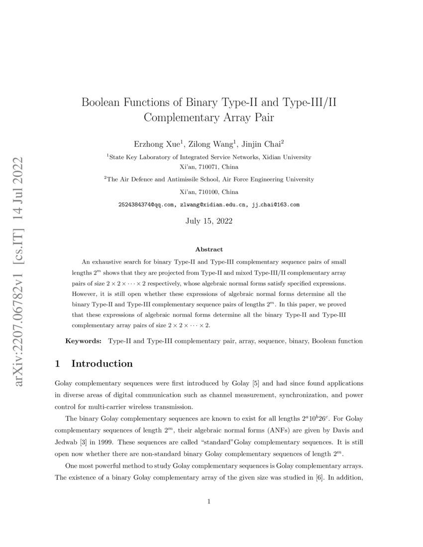 Boolean Functions Of Binary Type Ii And Type Ii Iii Complementary Array Pair Deepai