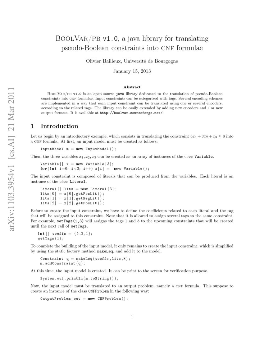 BoolVar/PB v1.0, a java library for translating pseudo-Boolean constraints into CNF formulae ...