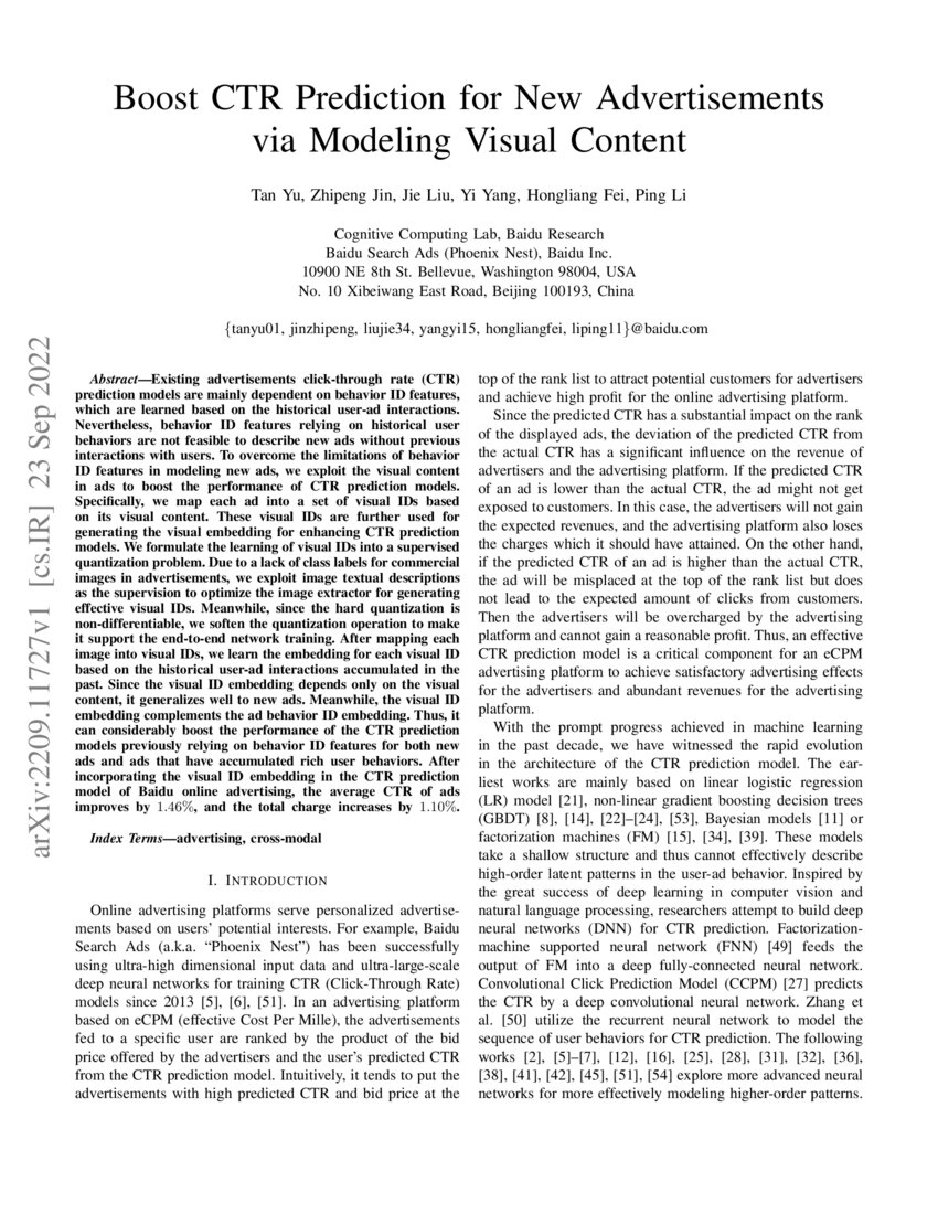 Boost CTR Prediction for New Advertisements via Modeling Visual Content | DeepAI