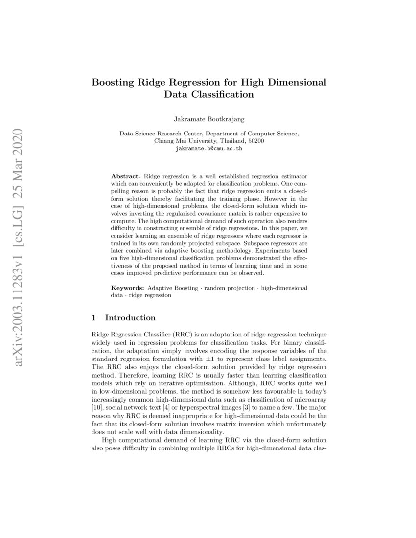 Boosting Ridge Regression for High Dimensional Data Classification | DeepAI