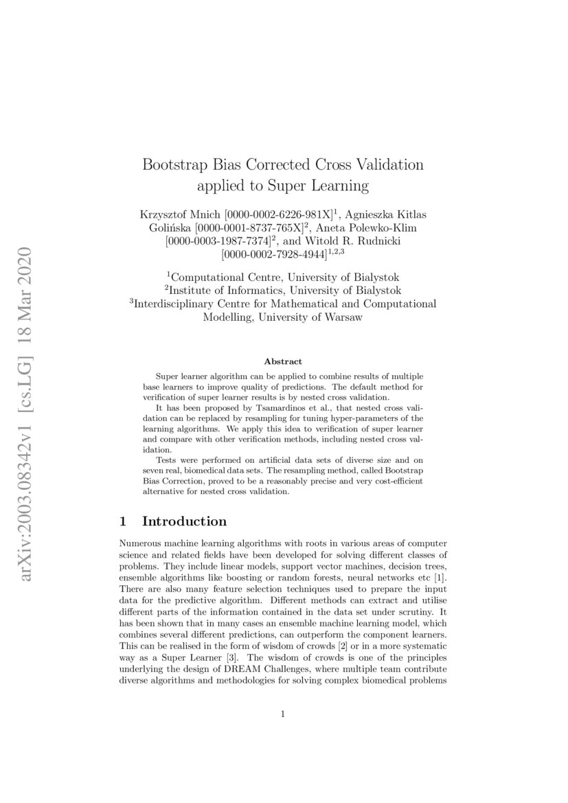 Bootstrap Bias Corrected Cross Validation Applied To Super Learning Deepai