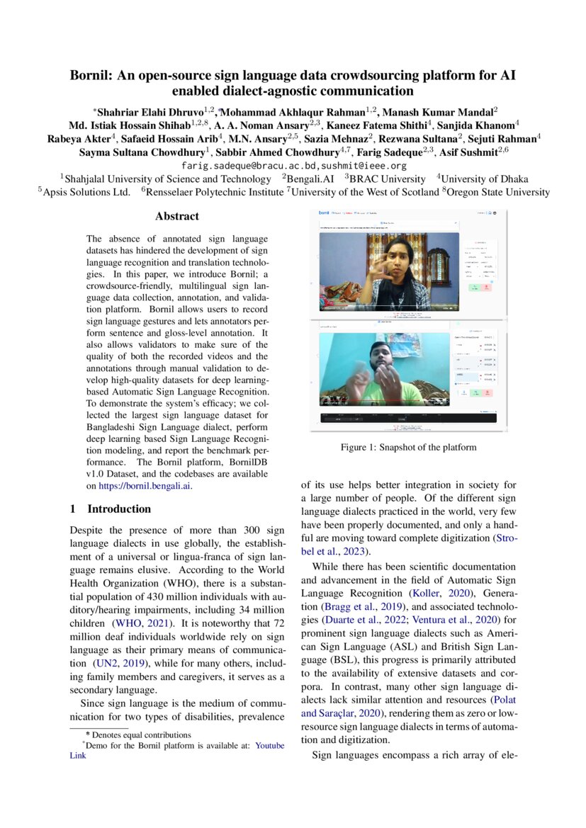 Bornil: An open-source sign language data crowdsourcing platform for AI enabled dialect-agnostic ...