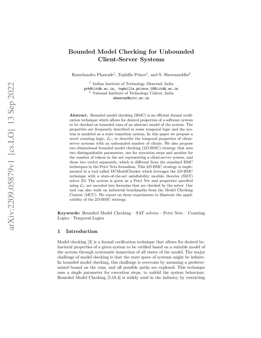 Bounded Model Checking for Unbounded Client Server Systems | DeepAI Bounded Model Checking for Unbounded Client Server Systems | DeepAI