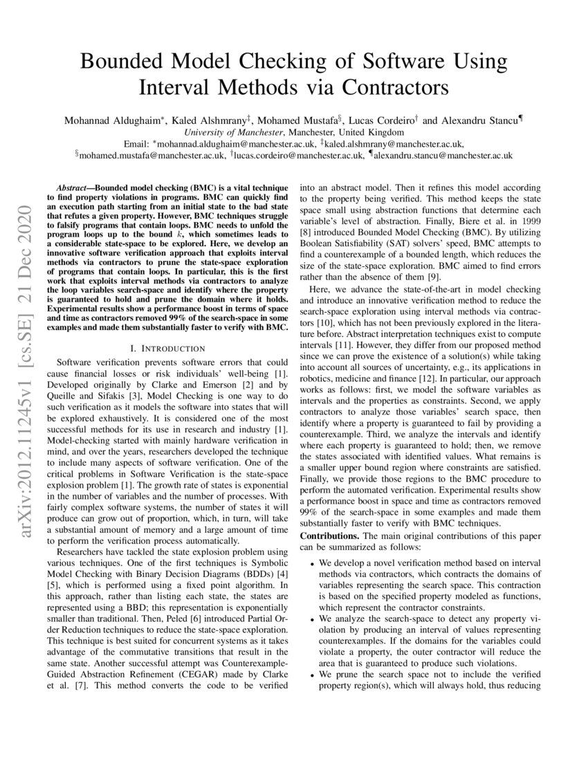Bounded Model Checking of Software Using Interval Methods via Contractors | DeepAI