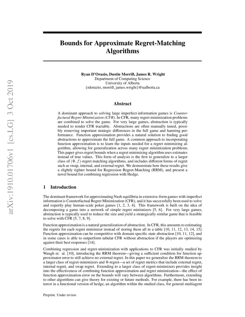 Bounds for Approximate Regret-Matching Algorithms | DeepAI