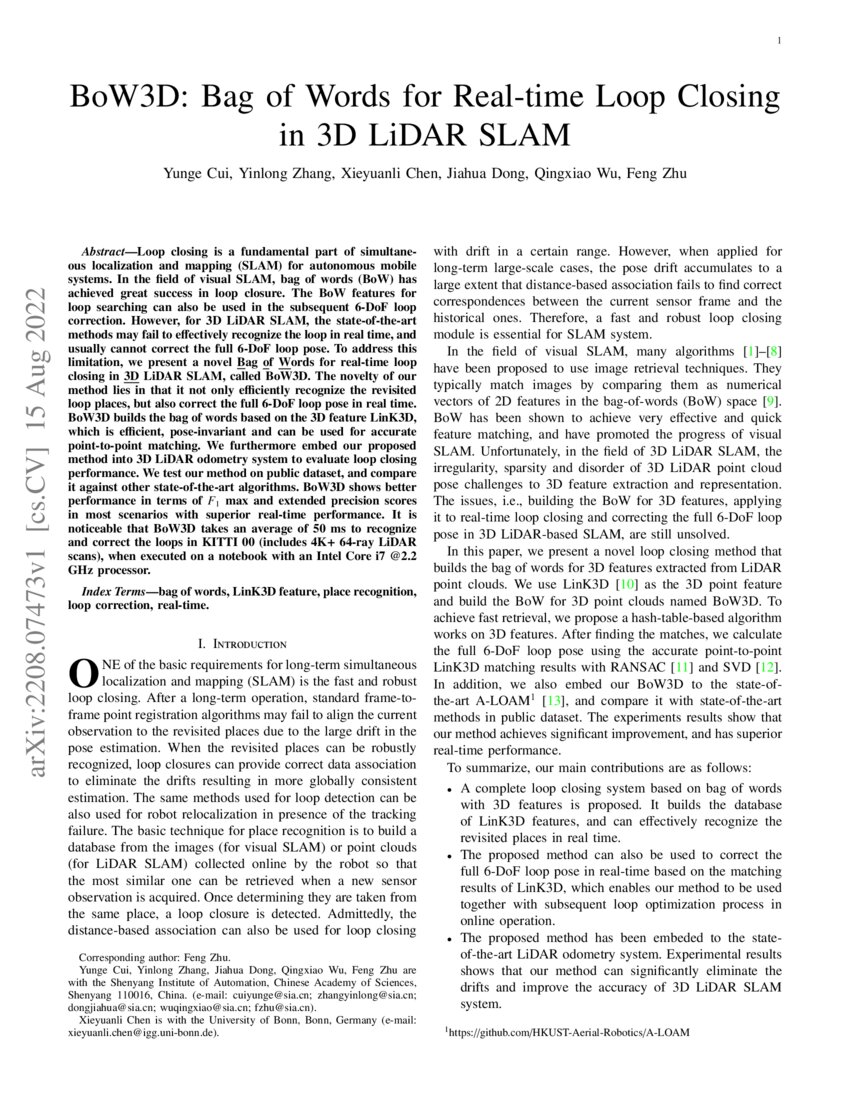 Bow3d Bag Of Words For Real Time Loop Closing In 3d Lidar Slam Deepai