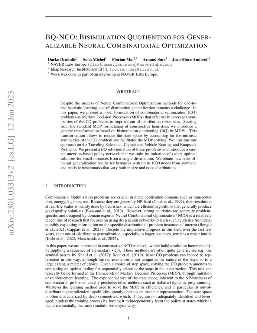 BQ-NCO: Bisimulation Quotienting for Generalizable Neural Combinatorial Optimization | DeepAI