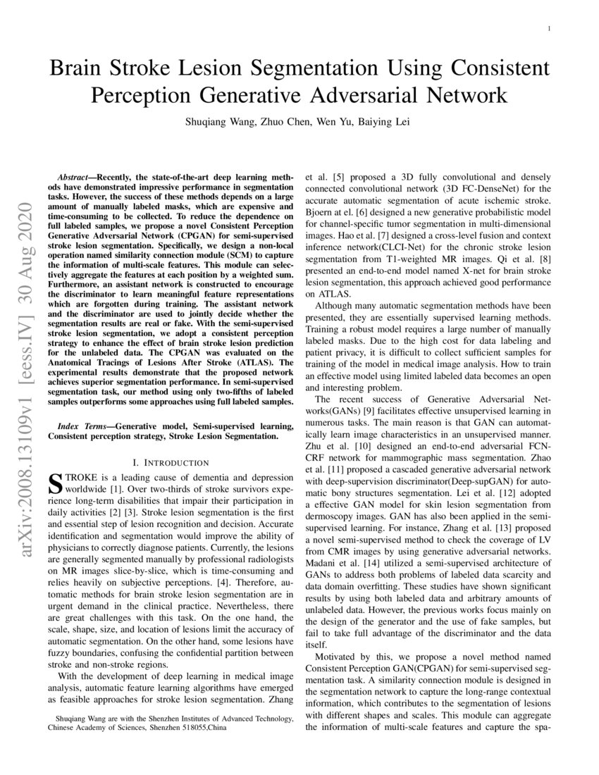 Brain Stroke Lesion Segmentation Using Consistent Perception Generative Adversarial Network Deepai