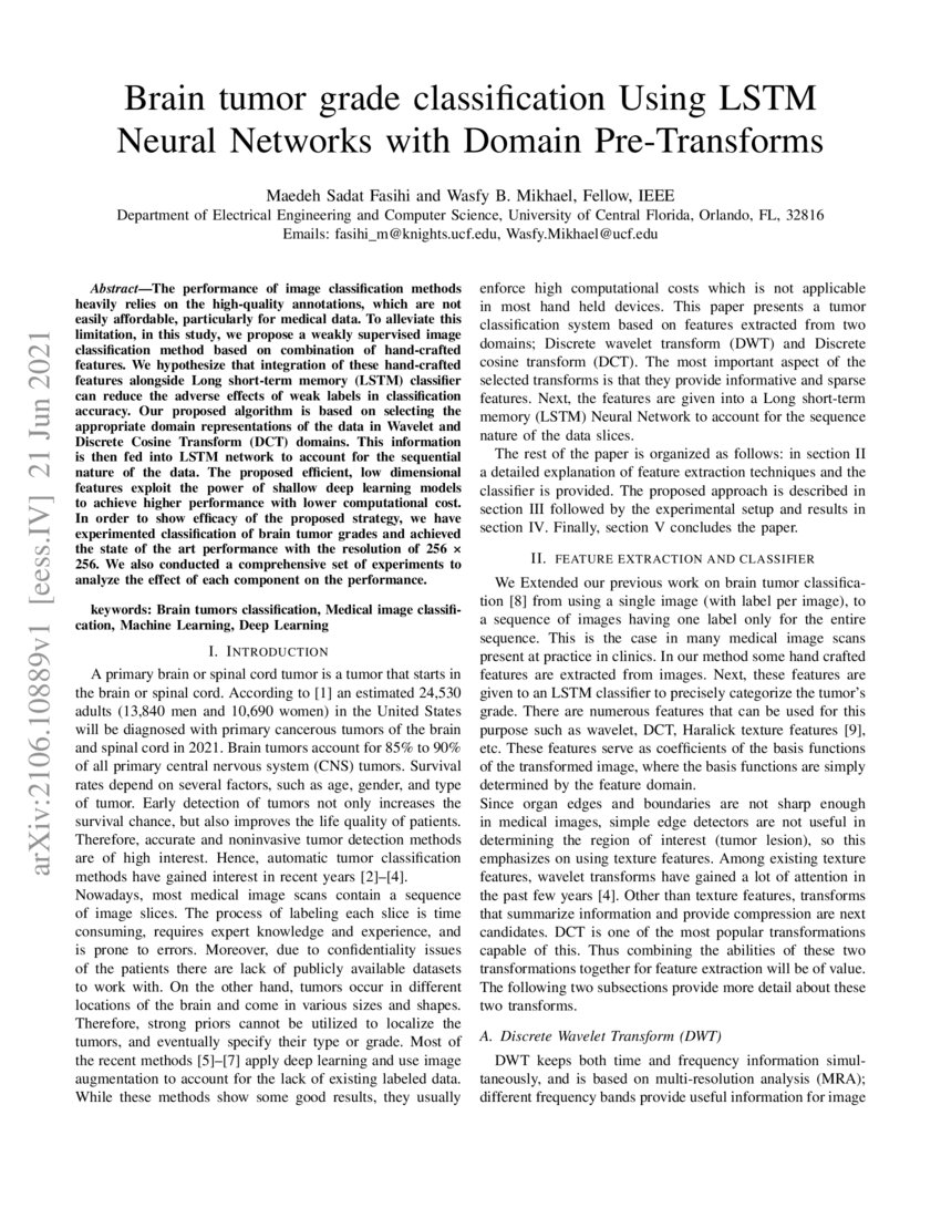Brain tumor grade classification Using LSTM Neural Networks with Domain Pre-Transforms | DeepAI
