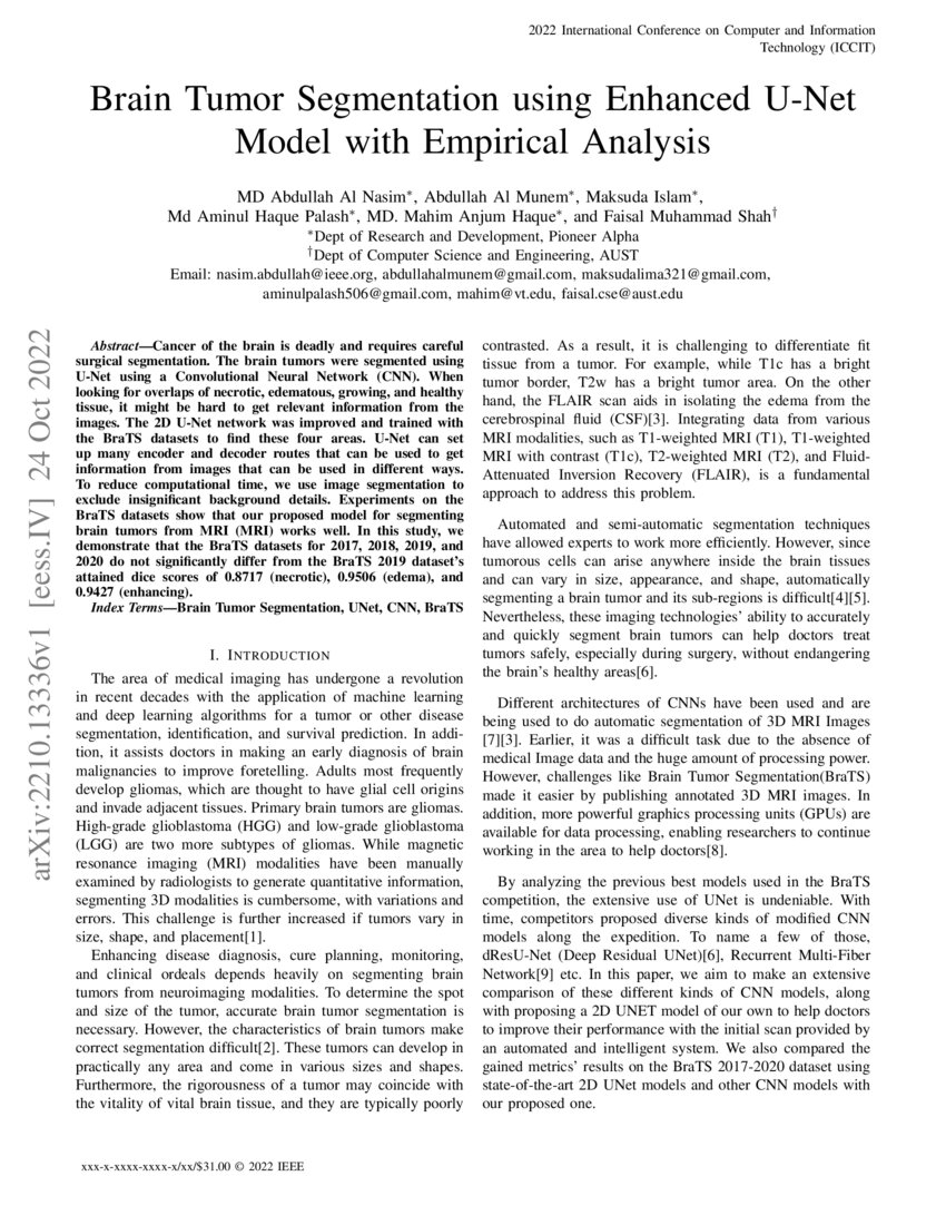 Brain Tumor Segmentation Using Enhanced U Net Model With Empirical