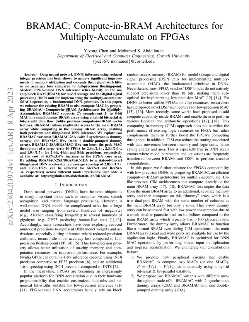 BRAMAC: Compute-in-BRAM Architectures for Multiply-Accumulate on FPGAs ...