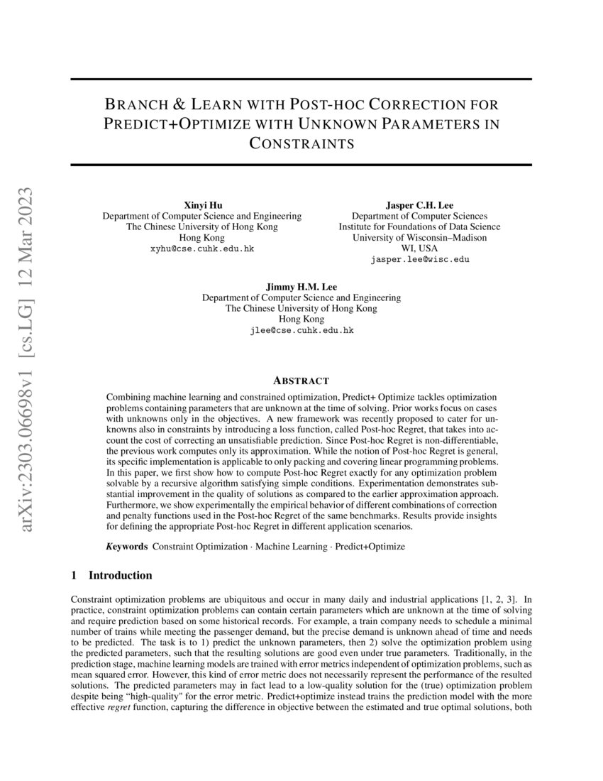 Branch Learn with Post-hoc Correction for Predict+Optimize with Unknown Parameters in ...
