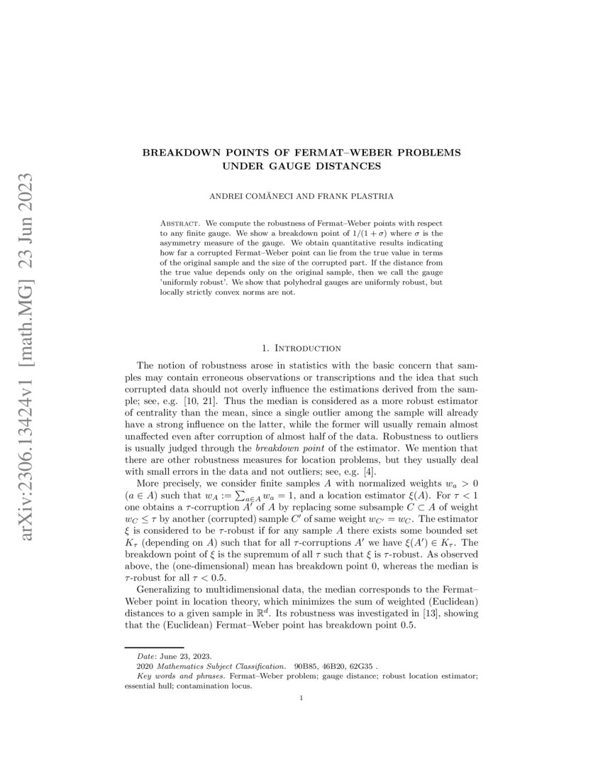 Breakdown points of Fermat-Weber problems under gauge distances | DeepAI