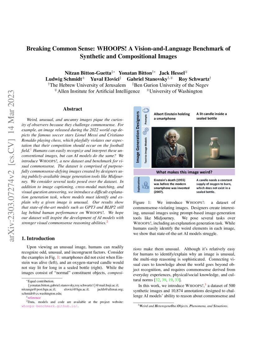 Breaking Common Sense: WHOOPS! A Vision-and-Language Benchmark of Synthetic and Compositional ...
