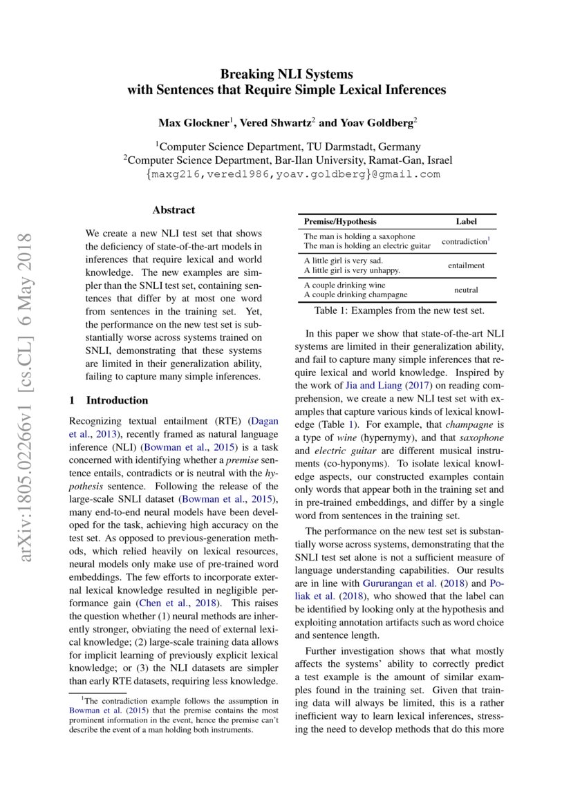 Breaking NLI Systems with Sentences that Require Simple Lexical ...