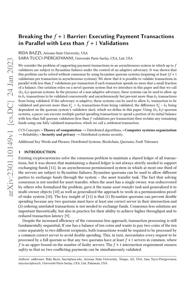 Breaking the f+1 Barrier: Executing Payment Transactions in Parallel with Less than f+1 ...
