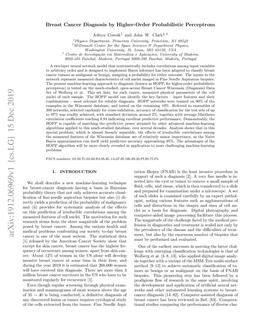 Breast Cancer Diagnosis by Higher-Order Probabilistic Perceptrons | DeepAI Breast Cancer Diagnosis by Higher-Order Probabilistic Perceptrons | DeepAI