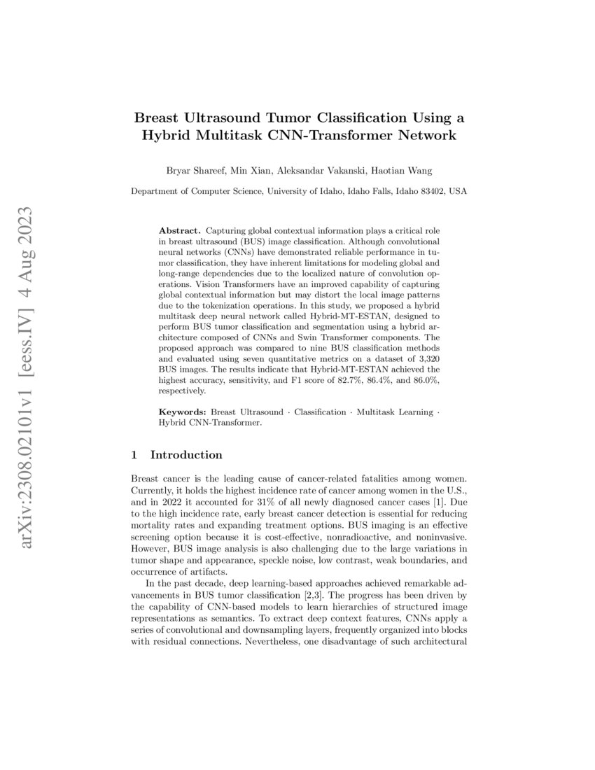 Breast Ultrasound Tumor Classification Using A Hybrid Multitask Cnn Transformer Network Deepai