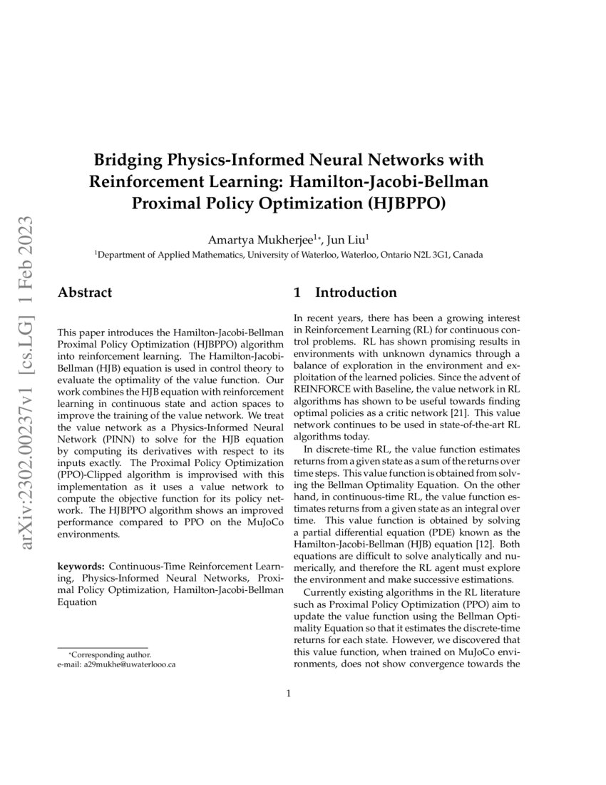 Bridging Physics Informed Neural Networks With Reinforcement Learning Hamilton Jacobi Bellman