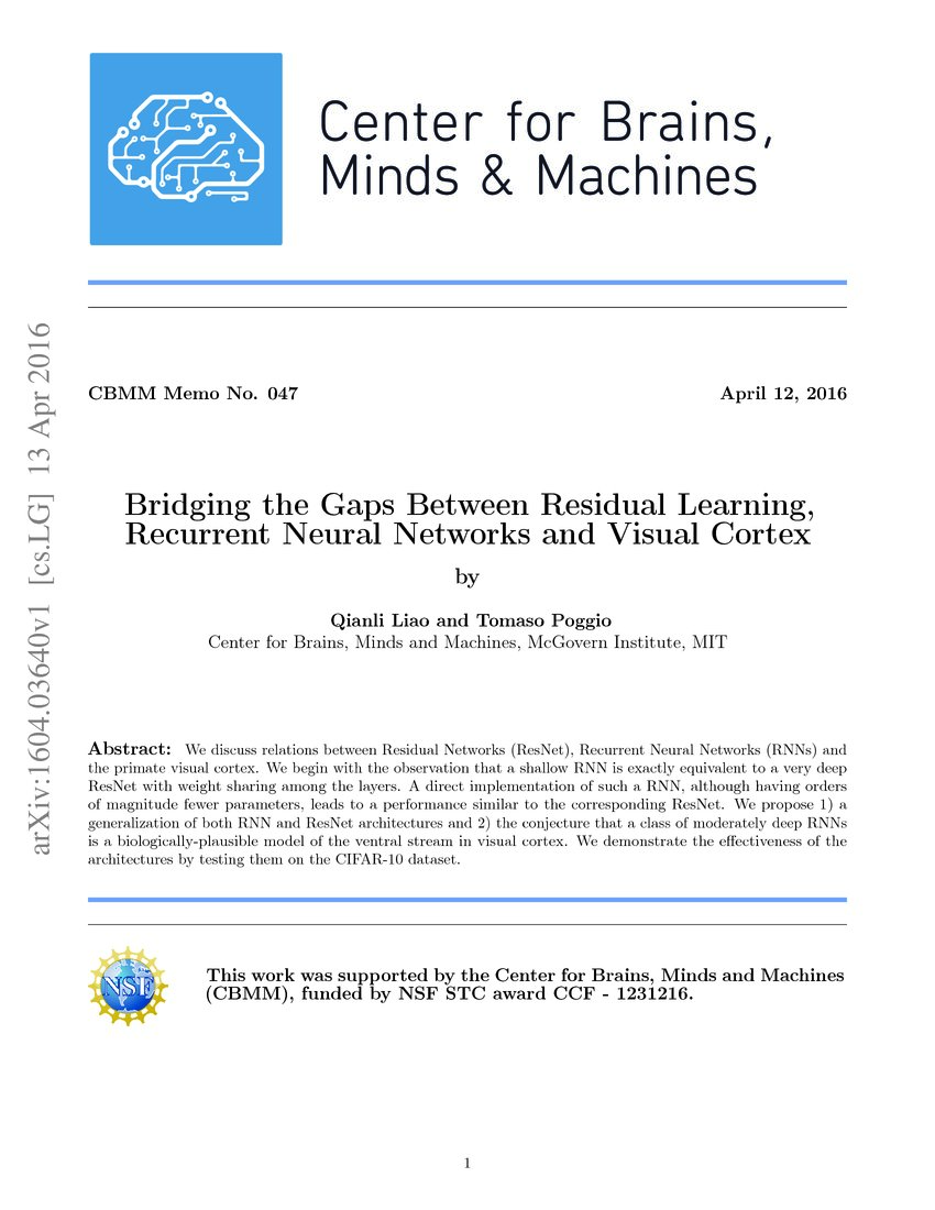 Bridging The Gaps Between Residual Learning Recurrent Neural Networks And Visual Cortex Deepai
