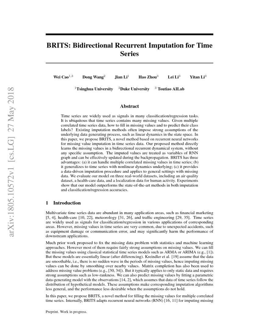 BRITS: Bidirectional Recurrent Imputation for Time Series | DeepAI