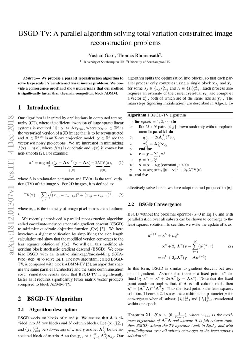 Bsgd Tv A Parallel Algorithm Solving Total Variation Constrained Image Reconstruction Problems