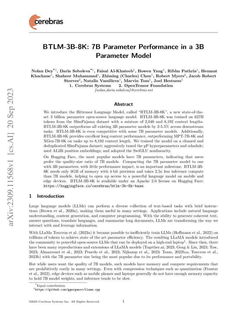 BTLM-3B-8K: 7B Parameter Performance in a 3B Parameter Model | DeepAI