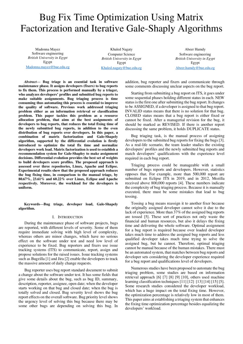 Bug Fix Time Optimization Using Matrix Factorization And Iterative Gale Shaply Algorithms Deepai