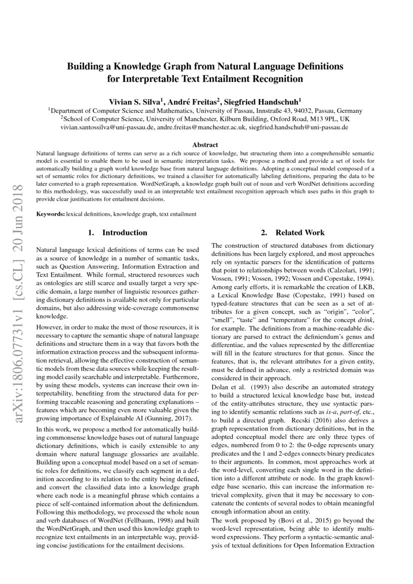 Building A Knowledge Graph From Natural Language Definitions For Interpretable Text Entailment