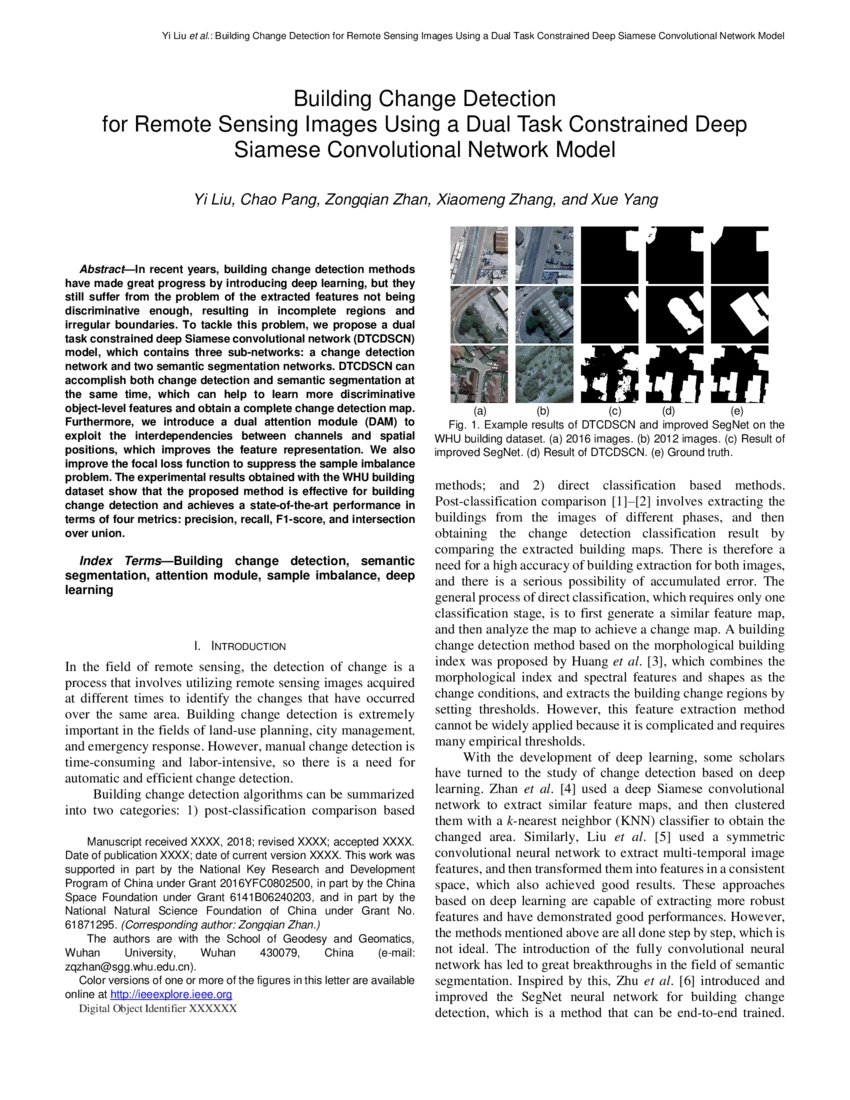 Building Change Detection for Remote Sensing Images Using a Dual Task Constrained Deep Siamese ...