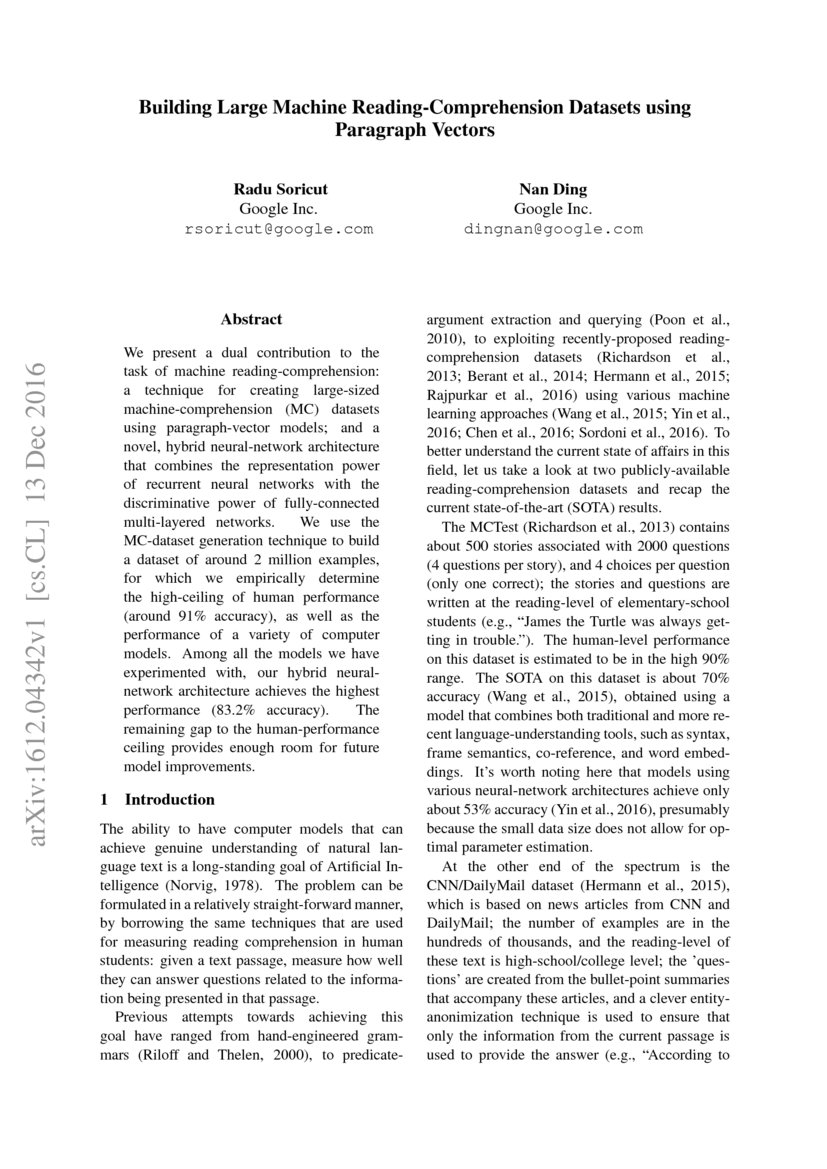 Building Large Machine Reading Comprehension Datasets Using Paragraph Vectors Deepai