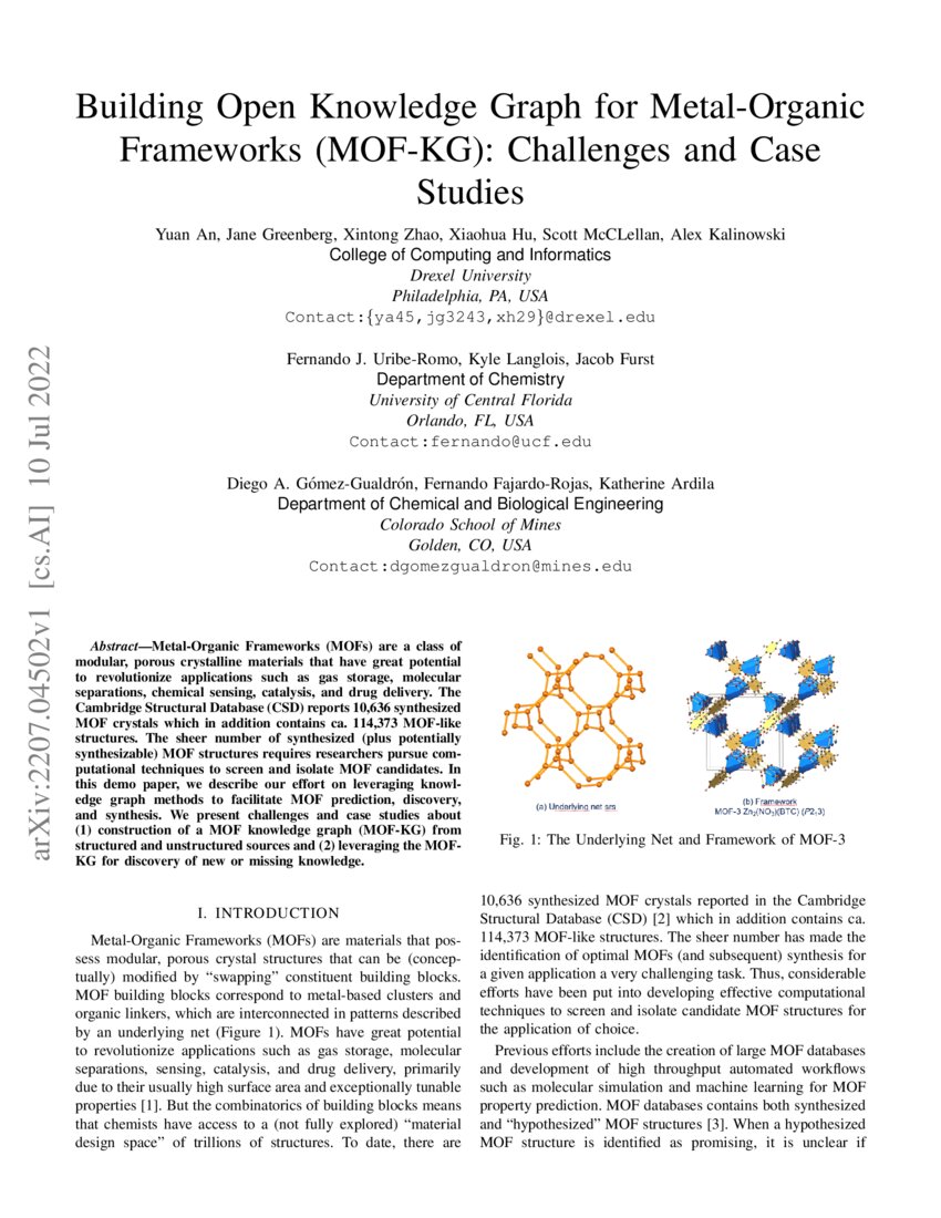 Building Open Knowledge Graph for Metal-Organic Frameworks (MOF-KG ...
