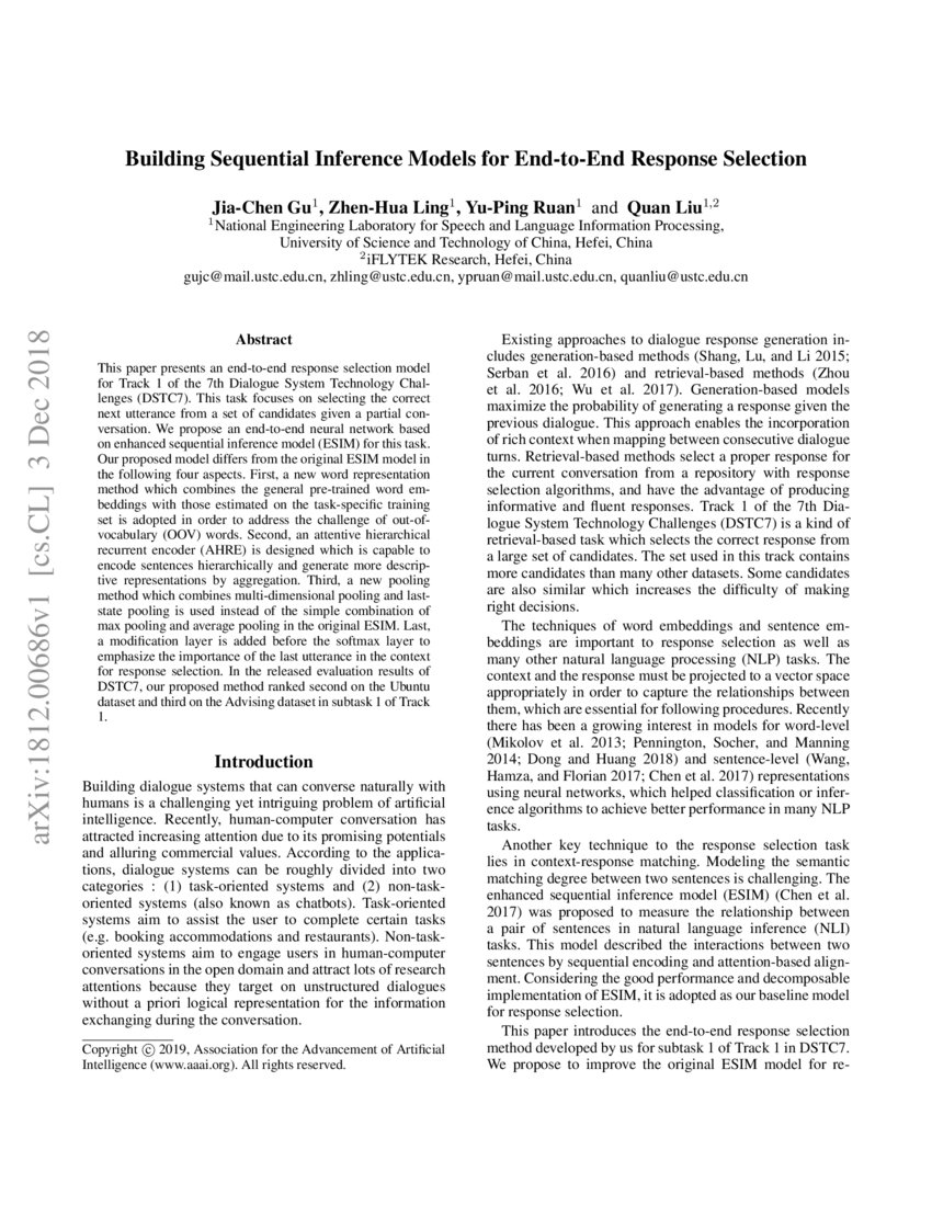 Building Sequential Inference Models For End To End Response Selection Deepai