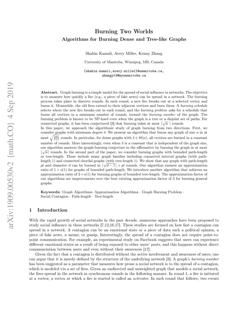 Burning Two Worlds Algorithms For Burning Dense And Tree Like Graphs Deepai