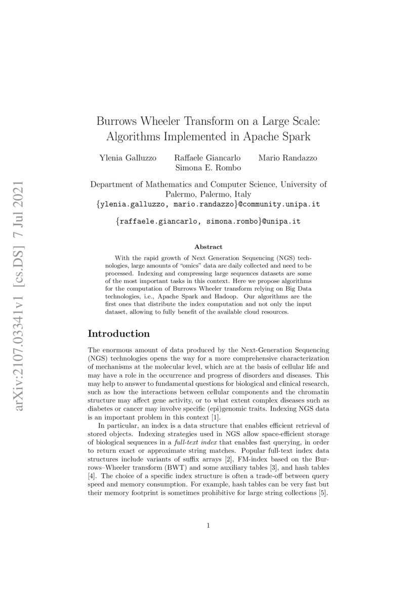 Burrows Wheeler Transform on a Large Scale: Algorithms Implemented in Apache Spark | DeepAI