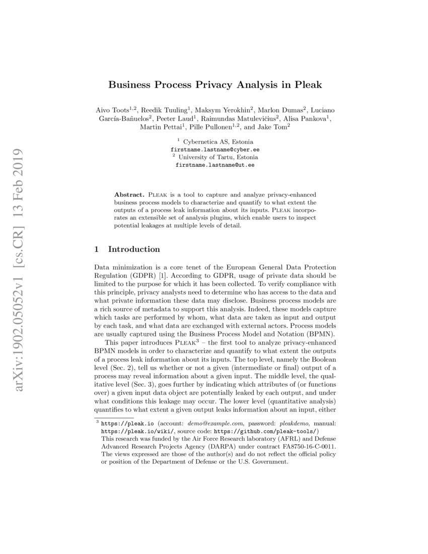 Business Process Privacy Analysis in Pleak | DeepAI