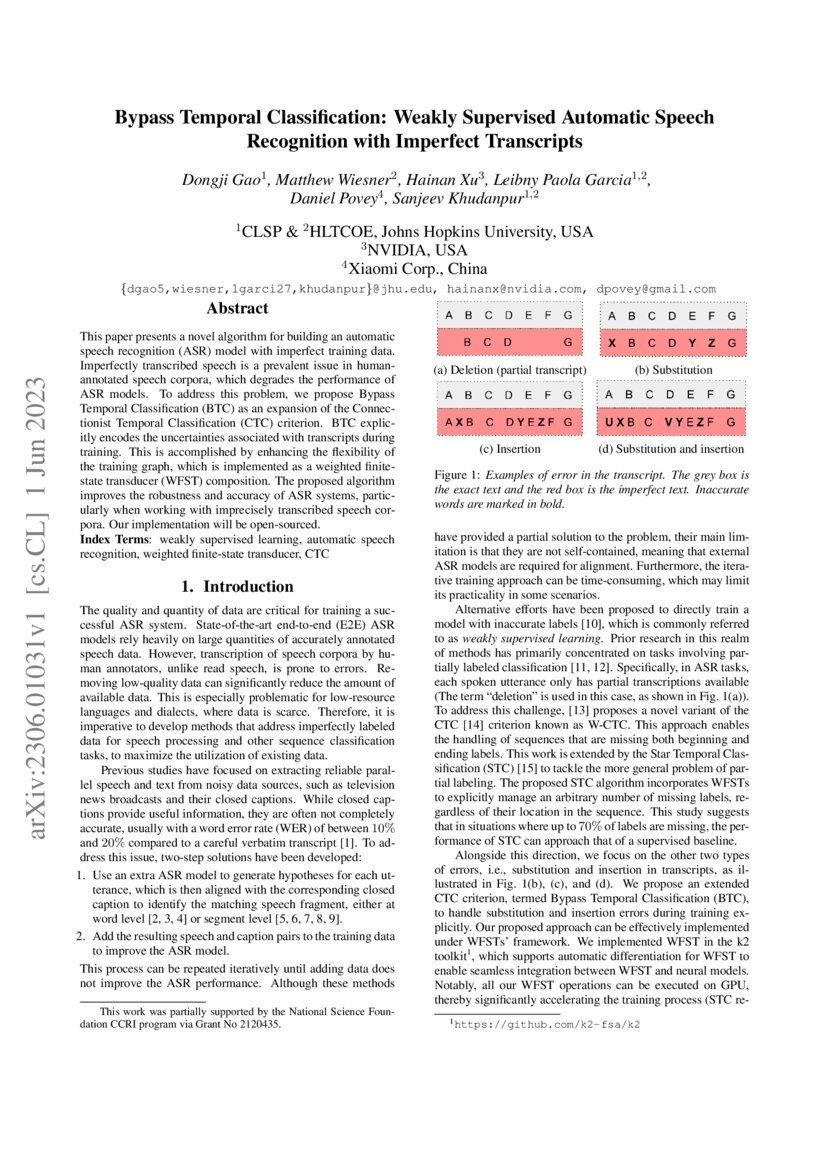 Bypass Temporal Classification Weakly Supervised Automatic Speech Recognition With Imperfect