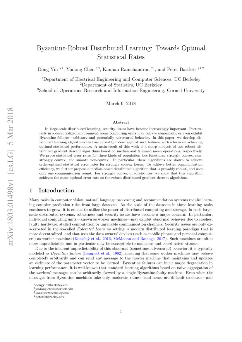 Byzantine Robust Distributed Learning Towards Optimal Statistical Rates Deepai