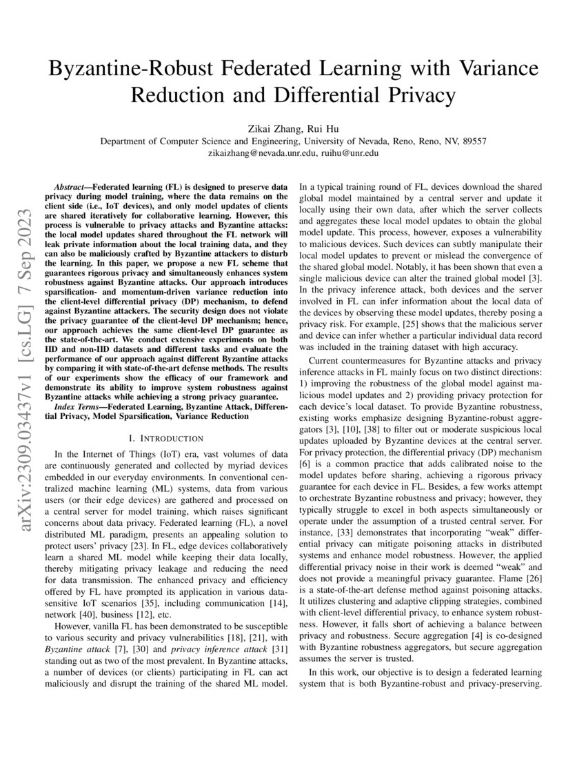 Byzantine-Robust Federated Learning with Variance Reduction and Differential Privacy | DeepAI