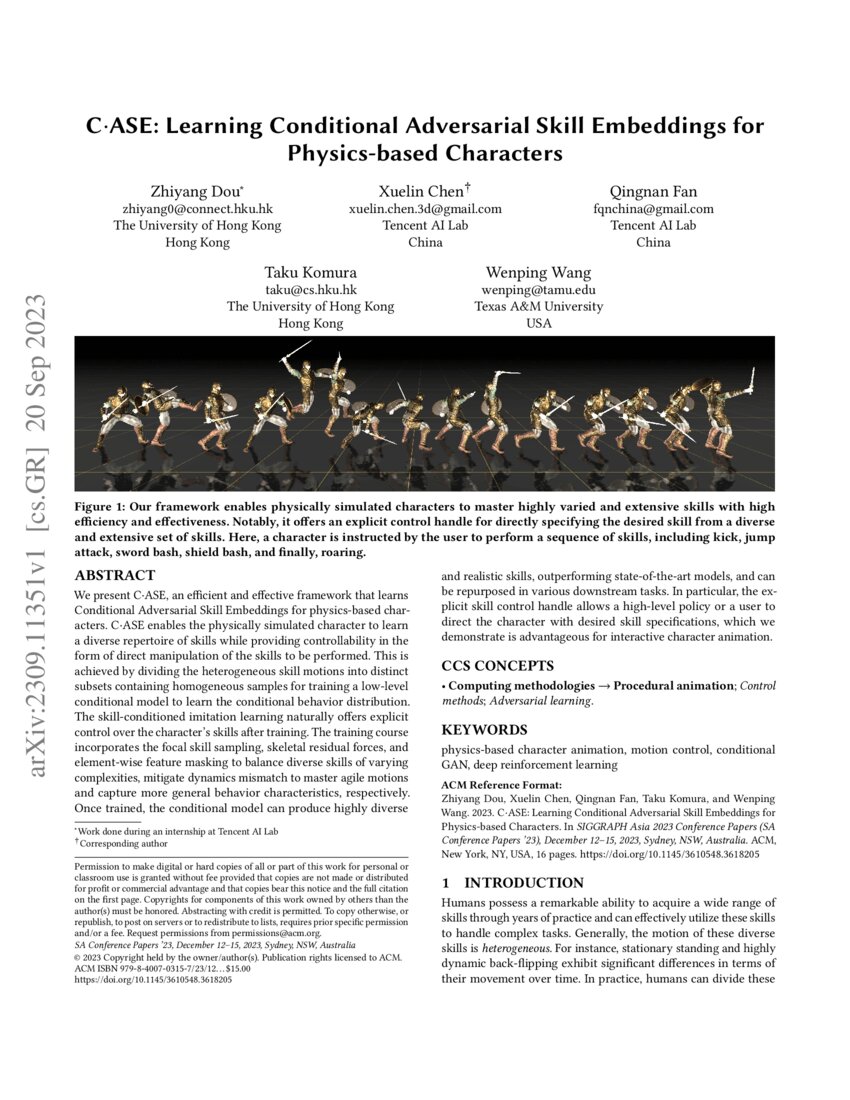 C·ASE: Learning Conditional Adversarial Skill Embeddings for Physics-based Characters | DeepAI