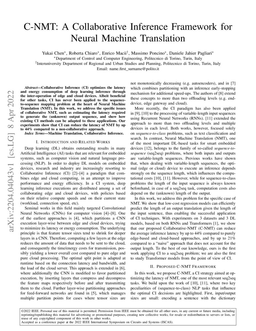 C-NMT: A Collaborative Inference Framework for Neural Machine Translation | DeepAI
