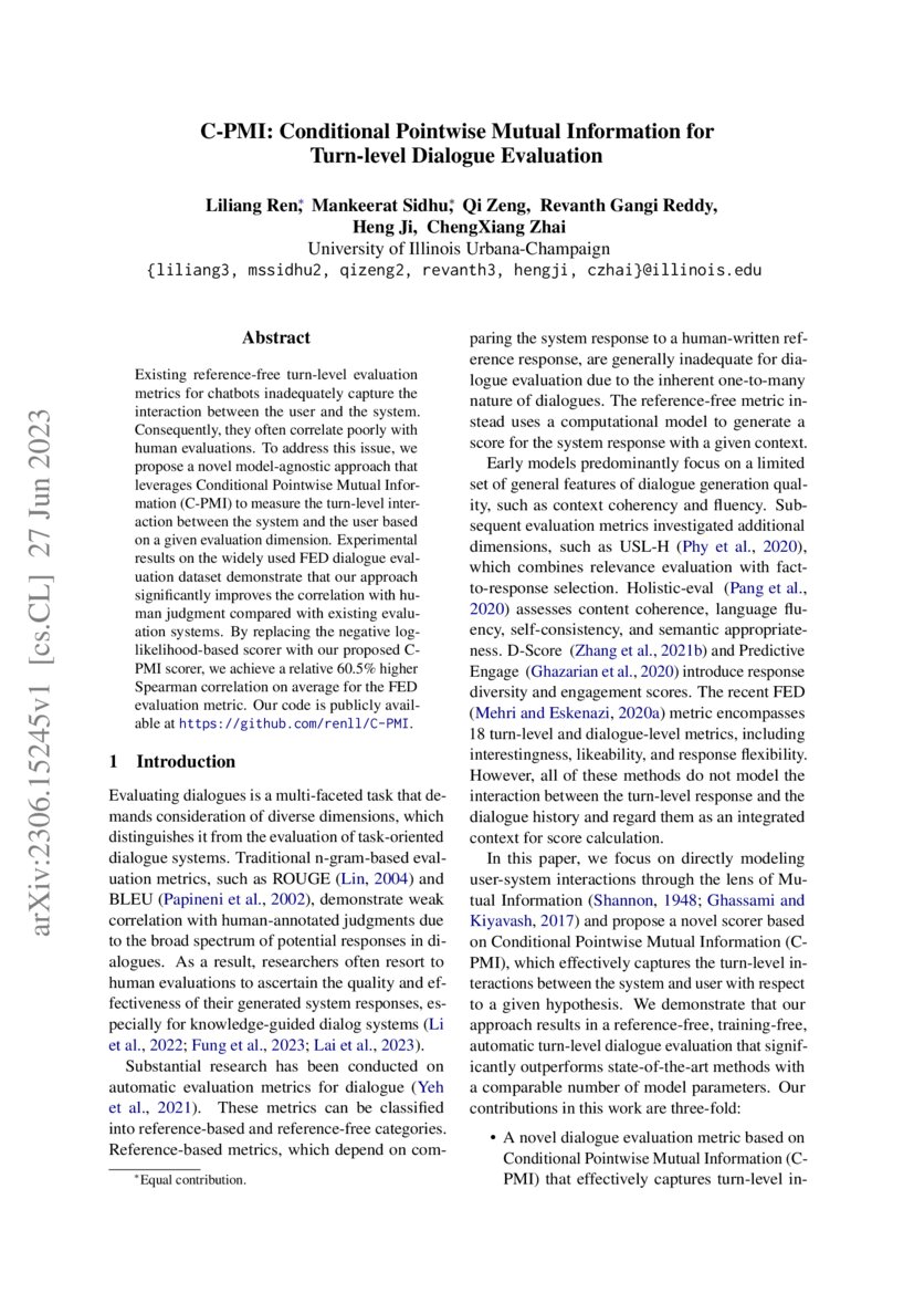 C-PMI: Conditional Pointwise Mutual Information for Turn-level Dialogue Evaluation | DeepAI