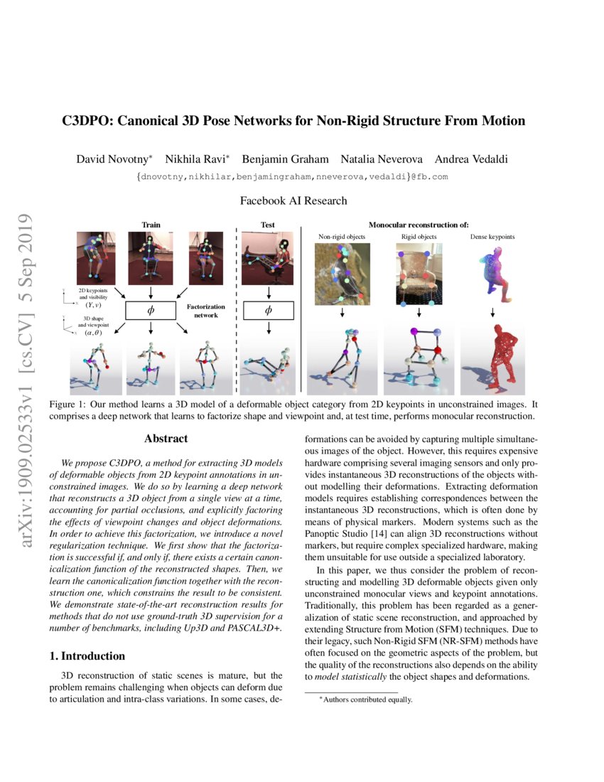 C3DPO: Canonical 3D Pose Networks for Non-Rigid Structure From Motion | DeepAI
