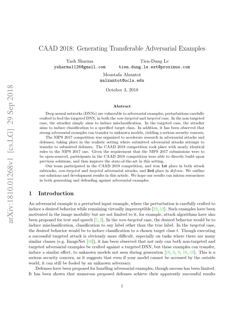 CAAD 2018: Generating Transferable Adversarial Examples | DeepAI