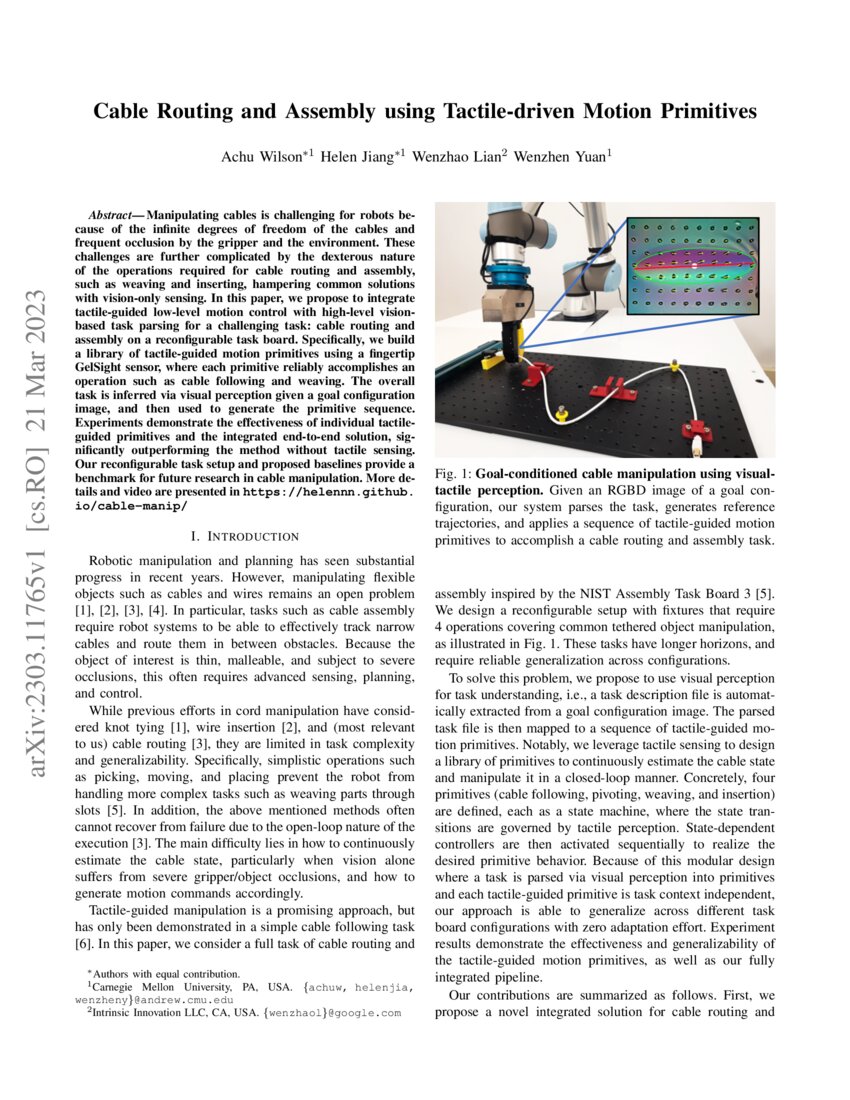 Cable Routing and Assembly using Tactile-driven Motion Primitives | DeepAI