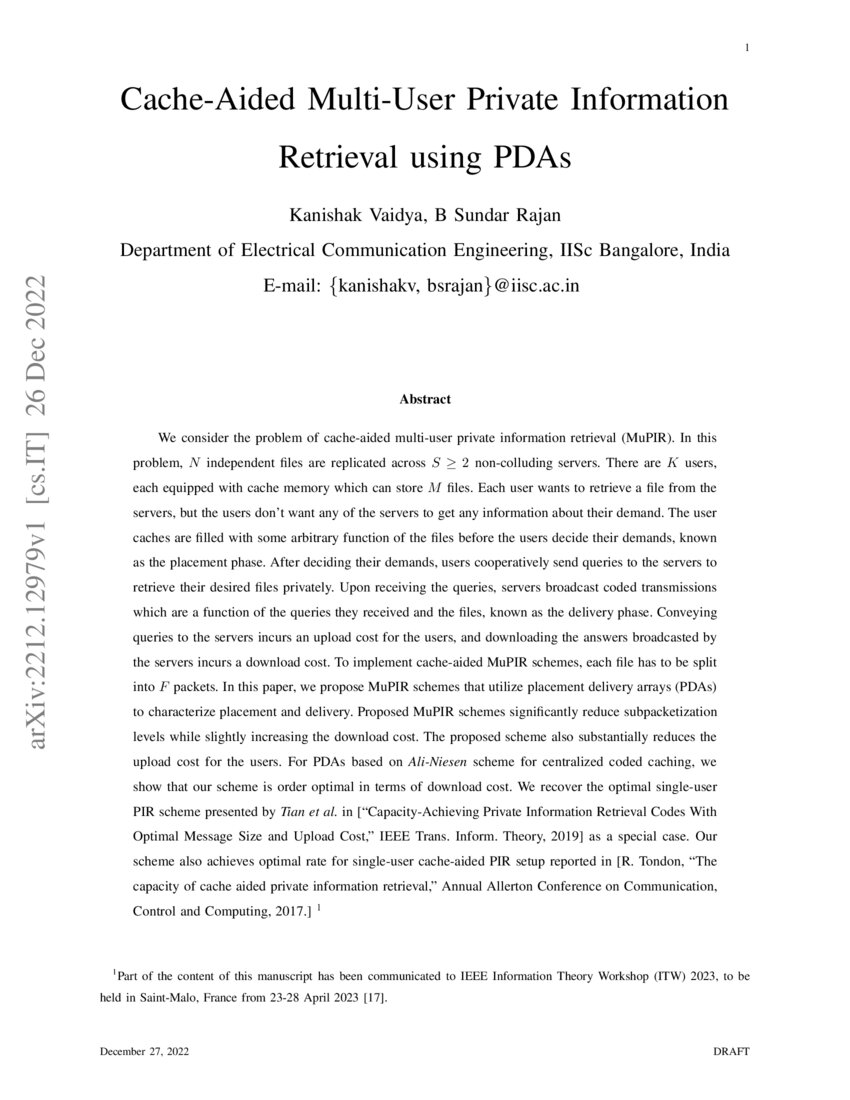 Cache-Aided Multi-User Private Information Retrieval using PDAs | DeepAI