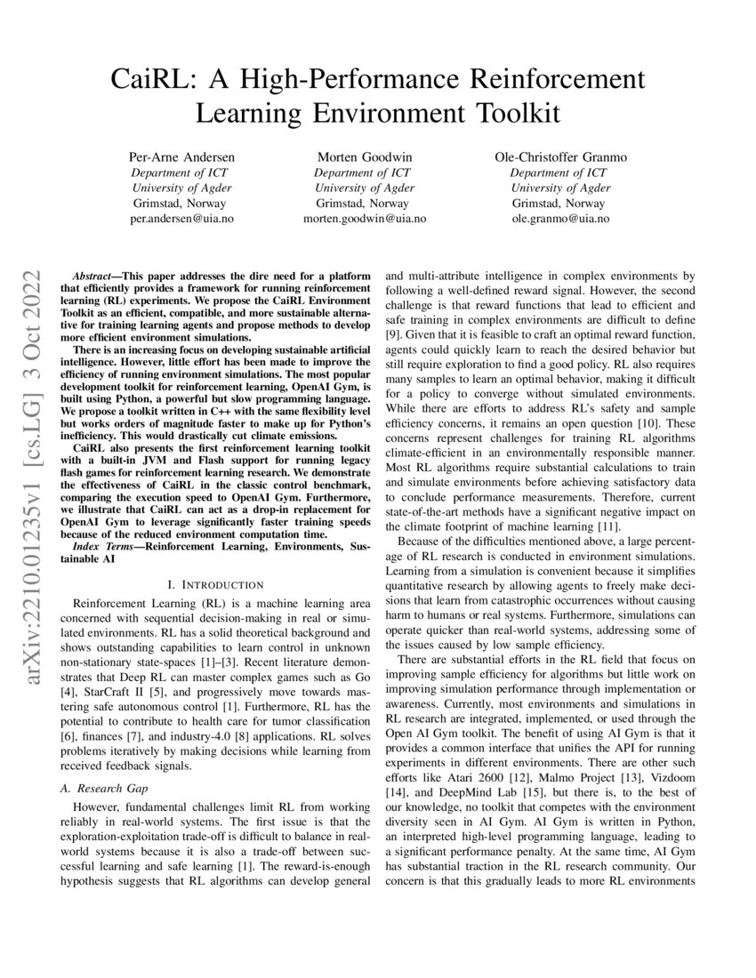 CaiRL: A High-Performance Reinforcement Learning Environment Toolkit | DeepAI